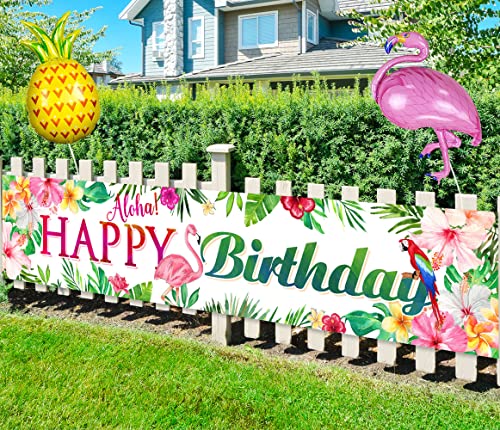 Large Hawaiian Aloha Happy Birthday Banner Luau Party Decorations Tropical Flamingo Birthday Banner Yard Sign for Indoor Outdoor Hanging Supplies Decor with Flamingo Pineapple Balloons