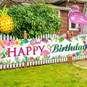 Large Hawaiian Aloha Happy Birthday Banner Luau Party Decorations Tropical Flamingo Birthday Banner Yard Sign for Indoor Outdoor Hanging Supplies Decor with Flamingo Pineapple Balloons