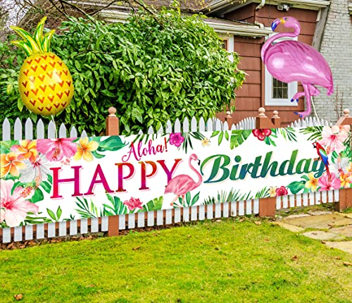 Large Hawaiian Aloha Happy Birthday Banner Luau Party Decorations Tropical Flamingo Birthday Banner Yard Sign for Indoor Outdoor Hanging Supplies Decor with Flamingo Pineapple Balloons