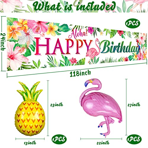 Large Hawaiian Aloha Happy Birthday Banner Luau Party Decorations Tropical Flamingo Birthday Banner Yard Sign for Indoor Outdoor Hanging Supplies Decor with Flamingo Pineapple Balloons