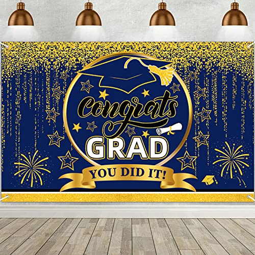 Class of Grad 2023 Background Banner,Blue and Gold Graduation Banner Backgdrop Signs for Congratulations Graduation Party Supplies Photography Background 2023 Graduation Party Decorations