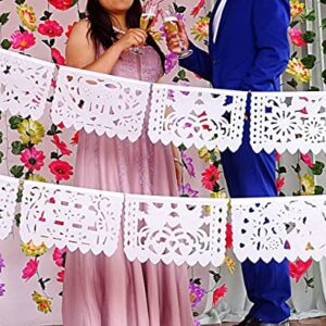 5 Pk Mexican wedding decorations, 50 Panels of White Papel Picado Paper Flags for weddings, rehearsal dinners 60 ft total Mexican Bridal Shower Papel Picado banner para fiesta TISSUE PAPER WS400