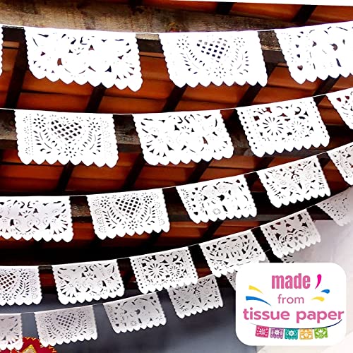 5 Pk Mexican wedding decorations, 50 Panels of White Papel Picado Paper Flags for weddings, rehearsal dinners 60 ft total Mexican Bridal Shower Papel Picado banner para fiesta TISSUE PAPER WS400