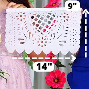 5 Pk Mexican wedding decorations, 50 Panels of White Papel Picado Paper Flags for weddings, rehearsal dinners 60 ft total Mexican Bridal Shower Papel Picado banner para fiesta TISSUE PAPER WS400