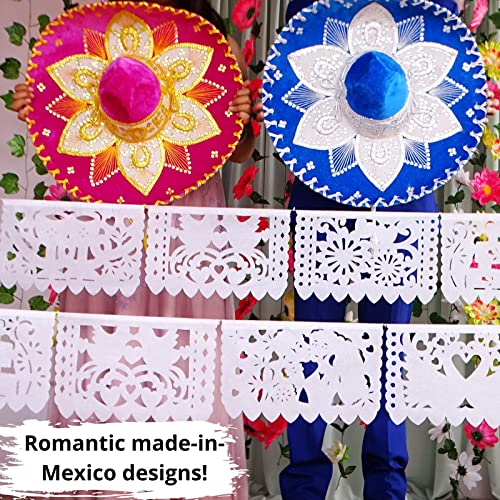 5 Pk Mexican wedding decorations, 50 Panels of White Papel Picado Paper Flags for weddings, rehearsal dinners 60 ft total Mexican Bridal Shower Papel Picado banner para fiesta TISSUE PAPER WS400