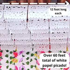 5 Pk Mexican wedding decorations, 50 Panels of White Papel Picado Paper Flags for weddings, rehearsal dinners 60 ft total Mexican Bridal Shower Papel Picado banner para fiesta TISSUE PAPER WS400