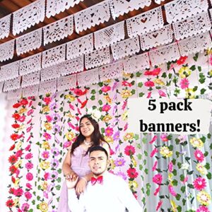 5 Pk Mexican wedding decorations, 50 Panels of White Papel Picado Paper Flags for weddings, rehearsal dinners 60 ft total Mexican Bridal Shower Papel Picado banner para fiesta TISSUE PAPER WS400