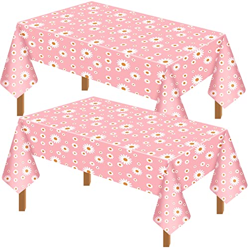 Flutesan Pink Daisy Plastic Tablecloth Disposable Boho Party Decorations 86.6 x 51.2 Inch Rectangle Table Covers for Party Weddings Birthday (2 Pieces)