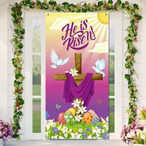 easter door cover he is risen easter door decoration background backdrop hanging banner for home garden door holiday house easter party 71 x 35 inch (hope)