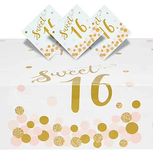 BLUE PANDA 3 Pack Sweet 16 Tablecloth for Girls 16th Birthday Party Decorations (Pink, Gold, 54 x 108 in)