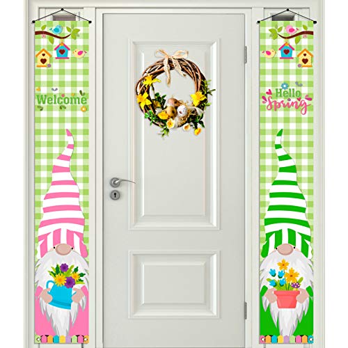 Rainlemon Welcome Hello Spring Gnome Porch Banner Buffalo Check Plaid Stripes Front Door Sign Decoration