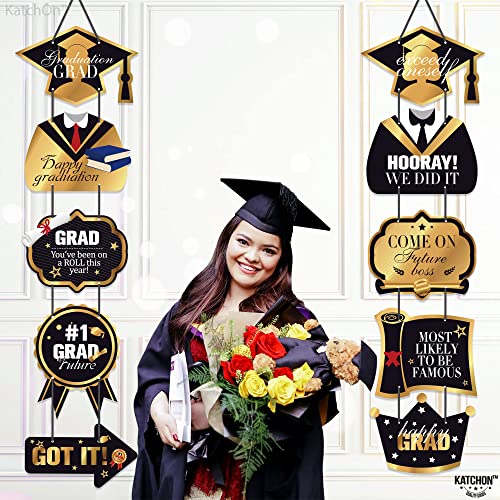 Graduation Banner 2023, Black and Gold - Graduation Porch Sign | Hanging Graduation Door Banner, Class of 2023 Graduation Decorations for Outdoor | Black and Gold Graduation Party Decorations 2023