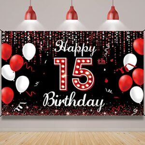 15th birthday backdrop banner, happy 15th birthday decorations for girls, red black 15 year old birthday party photo booth props, xv birthday yard sign decor for outdoor indoor, fabric vicycaty