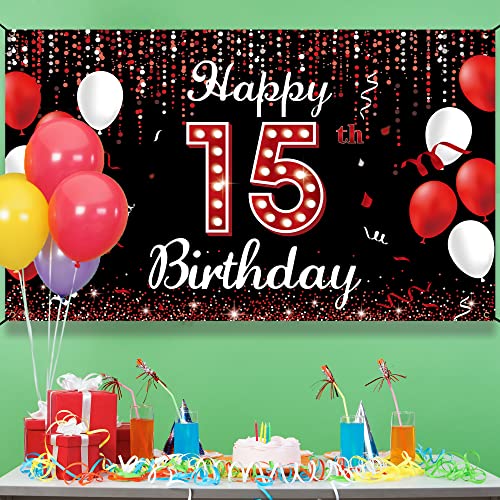 15th Birthday Backdrop Banner, Happy 15th Birthday Decorations for Girls, Red Black 15 Year Old Birthday Party Photo Booth Props, XV Birthday Yard Sign Decor for Outdoor Indoor, Fabric Vicycaty