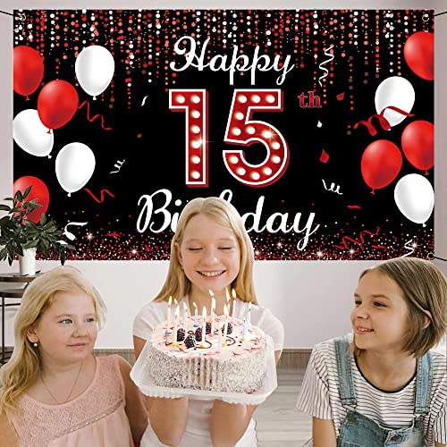 15th Birthday Backdrop Banner, Happy 15th Birthday Decorations for Girls, Red Black 15 Year Old Birthday Party Photo Booth Props, XV Birthday Yard Sign Decor for Outdoor Indoor, Fabric Vicycaty