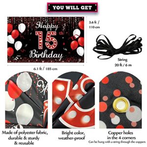 15th Birthday Backdrop Banner, Happy 15th Birthday Decorations for Girls, Red Black 15 Year Old Birthday Party Photo Booth Props, XV Birthday Yard Sign Decor for Outdoor Indoor, Fabric Vicycaty