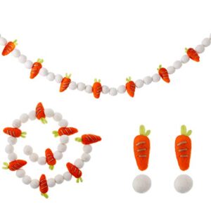 Easters Pom Pom Garland 6.6 Feet Carrot Wool Felt Ball Garland Farmhouse Felt Tiered Tray Decoration for Home Decoration Easter Birthday Party Supplies