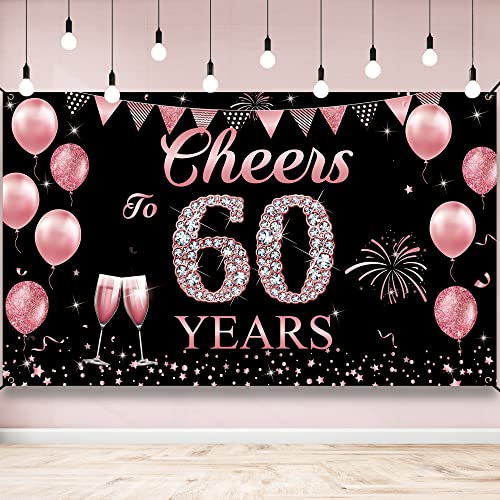 Happy 60th Birthday Decorations for Women, Cheers to 60 Years Backdrop Banner, Rose Gold 60 Birthday Party Yard Sign Poster Supplies, 60th Anniversary Decorations for Outdoor Indoor, Vicycaty