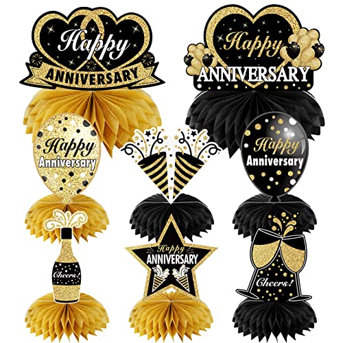 8Pcs Happy Wedding Anniversary Decorations Table Honeycomb Centerpieces, Anniversary Theme Party Supplies for Adult, Black Gold 10th 20th 30th 40th 50th 60th Anniversary Table Sign Decor