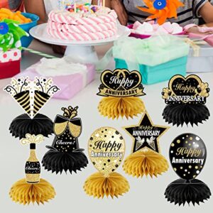 8Pcs Happy Wedding Anniversary Decorations Table Honeycomb Centerpieces, Anniversary Theme Party Supplies for Adult, Black Gold 10th 20th 30th 40th 50th 60th Anniversary Table Sign Decor