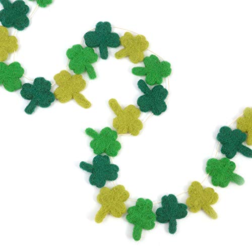 Glaciart One St. Patrick's Day Felt Clover Garland - Pre-Assembled Shamrocks, Clover Irish Party Decoration - Pompom Party Decor - 100% Natural Wool Hand-Made Clovers with Cotton String - 7 Feet