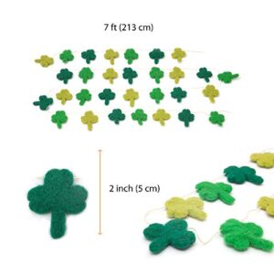 Glaciart One St. Patrick's Day Felt Clover Garland - Pre-Assembled Shamrocks, Clover Irish Party Decoration - Pompom Party Decor - 100% Natural Wool Hand-Made Clovers with Cotton String - 7 Feet