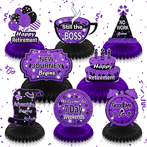 8Pcs Purple Retirement Decorations Purple and Black Retirement Table Honeycomb Centerpieces for Table Decor Happy Retirement Table Topper for Women Men Office Farewell Photo Booth Props Party Supplies