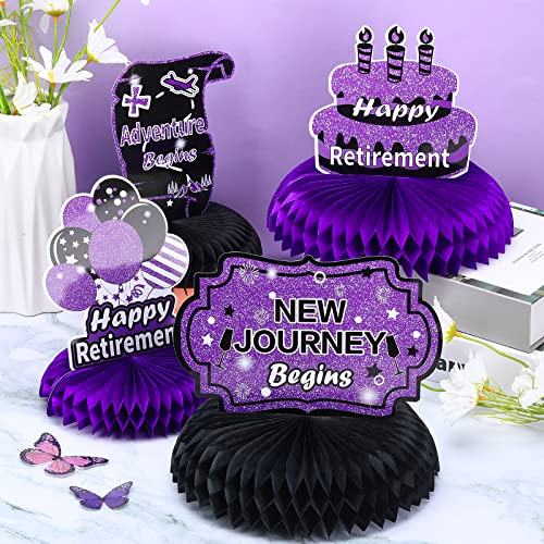 8Pcs Purple Retirement Decorations Purple and Black Retirement Table Honeycomb Centerpieces for Table Decor Happy Retirement Table Topper for Women Men Office Farewell Photo Booth Props Party Supplies