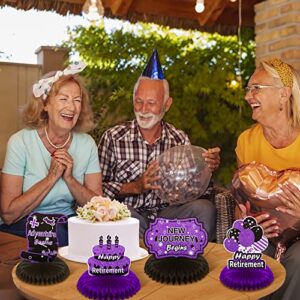 8Pcs Purple Retirement Decorations Purple and Black Retirement Table Honeycomb Centerpieces for Table Decor Happy Retirement Table Topper for Women Men Office Farewell Photo Booth Props Party Supplies