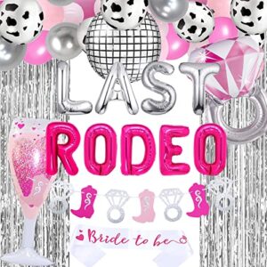 nashville cowgirl last rodeo bachelorette party bridal shower backdrop decorations,hot pink last hoedown garland,fushia western wedding balloons arch, last ride let’s go girl disco silver foil curtain