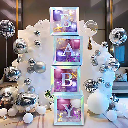 Termichy Baby Shower Boxes Party Decorations, 4 PCS Baby Shower Blocks Transparent with Letter for Girls Boys Birthday Neutral Gender Reveal Party, Silver