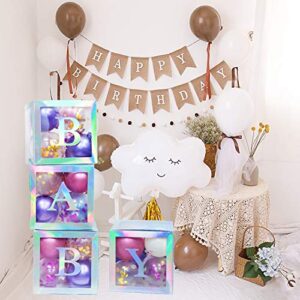 Termichy Baby Shower Boxes Party Decorations, 4 PCS Baby Shower Blocks Transparent with Letter for Girls Boys Birthday Neutral Gender Reveal Party, Silver