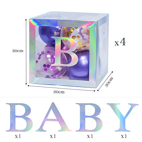 Termichy Baby Shower Boxes Party Decorations, 4 PCS Baby Shower Blocks Transparent with Letter for Girls Boys Birthday Neutral Gender Reveal Party, Silver