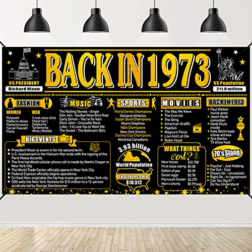 Large 50th Birthday Decorations Back in 1973 Banner Backdrop for Men Women, Black Gold Happy 50 Birthday Sign Party Supplies, Fifty Birthday Poster Photo Booth Props Background Decor