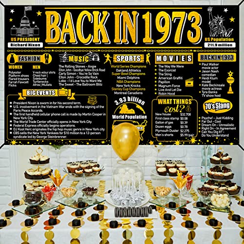 Large 50th Birthday Decorations Back in 1973 Banner Backdrop for Men Women, Black Gold Happy 50 Birthday Sign Party Supplies, Fifty Birthday Poster Photo Booth Props Background Decor