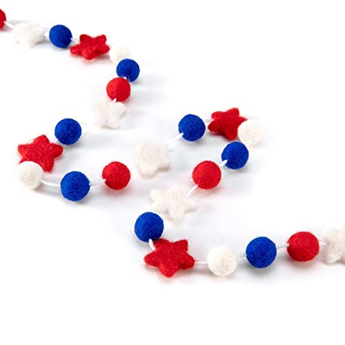 CINPIUK 4th of July Garland Felt Ball Star Banner Patriotic Red White and Blue Pom Pom Bunting for Independence Day Tiered Tray Decor Memorial Day Labor Day Veterans Day Decoration