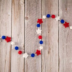 CINPIUK 4th of July Garland Felt Ball Star Banner Patriotic Red White and Blue Pom Pom Bunting for Independence Day Tiered Tray Decor Memorial Day Labor Day Veterans Day Decoration