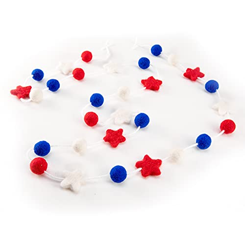 CINPIUK 4th of July Garland Felt Ball Star Banner Patriotic Red White and Blue Pom Pom Bunting for Independence Day Tiered Tray Decor Memorial Day Labor Day Veterans Day Decoration