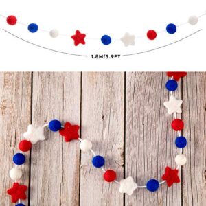 CINPIUK 4th of July Garland Felt Ball Star Banner Patriotic Red White and Blue Pom Pom Bunting for Independence Day Tiered Tray Decor Memorial Day Labor Day Veterans Day Decoration