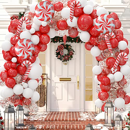 Christmas Balloon Garland Arch Kit - 118 Pieces Red White Confetti Latex Balloons with Candy Cane Balloons for Holiday Christmas Candy Themed Birthday Baby Shower Wedding Party Decorations