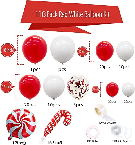 Christmas Balloon Garland Arch Kit - 118 Pieces Red White Confetti Latex Balloons with Candy Cane Balloons for Holiday Christmas Candy Themed Birthday Baby Shower Wedding Party Decorations