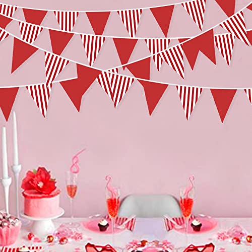 32Ft Red and White Striped Pennant Banner Fabric Triangle Flag Bunting Garland Streamer for Carnival Circus Kids Birthday Wedding Christmas New Years Party Outdoor Garden Hanging Festivals Decoration