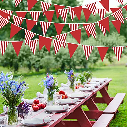 32Ft Red and White Striped Pennant Banner Fabric Triangle Flag Bunting Garland Streamer for Carnival Circus Kids Birthday Wedding Christmas New Years Party Outdoor Garden Hanging Festivals Decoration