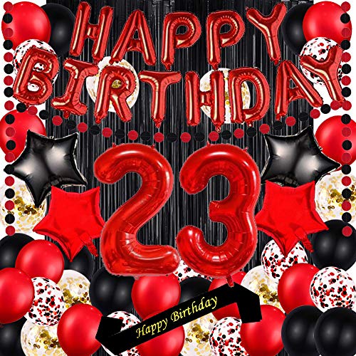 Red 23RD Birthday Party Decorations Supplies Red theme 16inch Red Foil Happy Birthday Balloons Banner Happy Birthday sash Foil Black Curtains Foil Balloons Number Red 23 Risehy