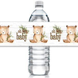 Woodland Bear Baby Shower Water Bottle Labels - Brown Bear Waterproof Wrappers - 24 Stickers