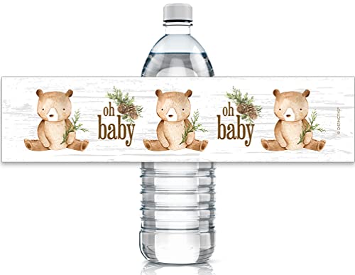 Woodland Bear Baby Shower Water Bottle Labels - Brown Bear Waterproof Wrappers - 24 Stickers