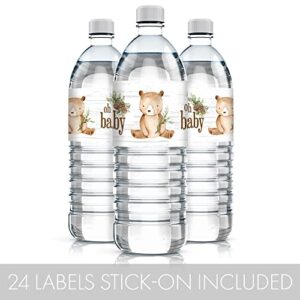 Woodland Bear Baby Shower Water Bottle Labels - Brown Bear Waterproof Wrappers - 24 Stickers