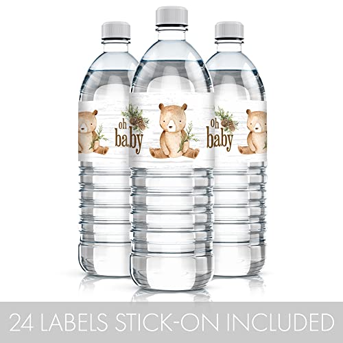 Woodland Bear Baby Shower Water Bottle Labels - Brown Bear Waterproof Wrappers - 24 Stickers