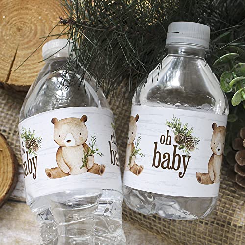 Woodland Bear Baby Shower Water Bottle Labels - Brown Bear Waterproof Wrappers - 24 Stickers