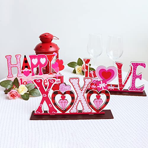 Bunny Chorus Valentines Day Decor Love Wooden Table Sign 3pcs, Romantic Tabletop Centerpiece Ornaments Gift, Dining Room Table Wedding Anniversary Party Supplies Décor Tiered Tray Decor